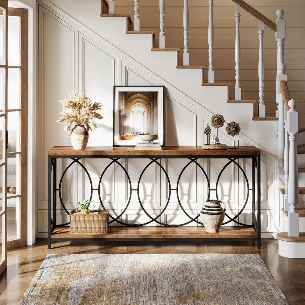 BYBLIGHT Turrella 70.87 in. Brown Industrial Rectangle Sofa Table with ...