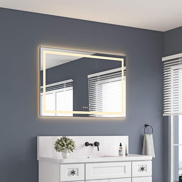 Gun Ash 48 in. W x 32 in. H LED Aluminum Frame Wall Mirror with Anti ...