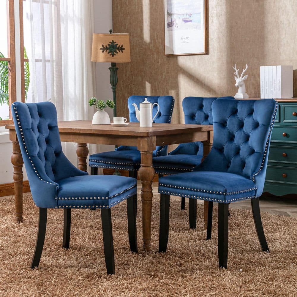 Clihome Modern High-End Blue Tufted Solid Wood Velvet Upholstered ...