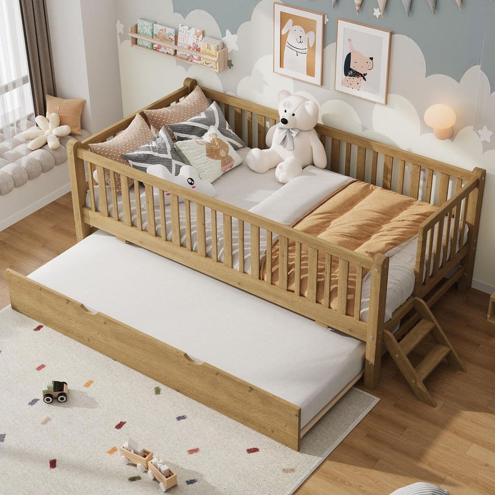Harper & Bright Designs Walnut Wood Frame Twin Size Kids Platform Bed ...