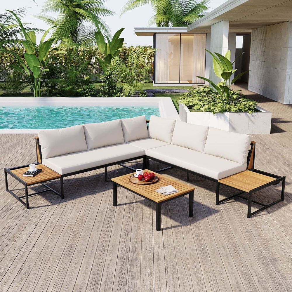 4 Pieces Modern Wood and Metal Outdoor Conversation Set with Beige ...