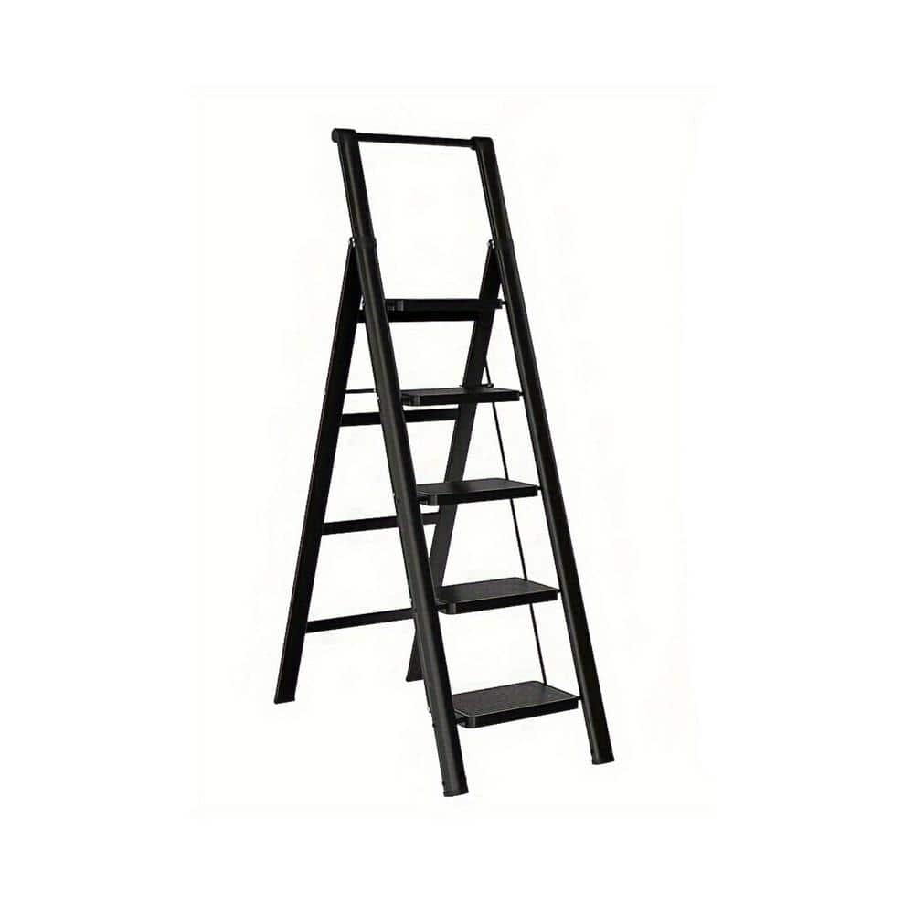 Tidoin 5.3 ft. Black Steel Folding 5 Step Ladder (9 ft. Reach), 600 lbs ...