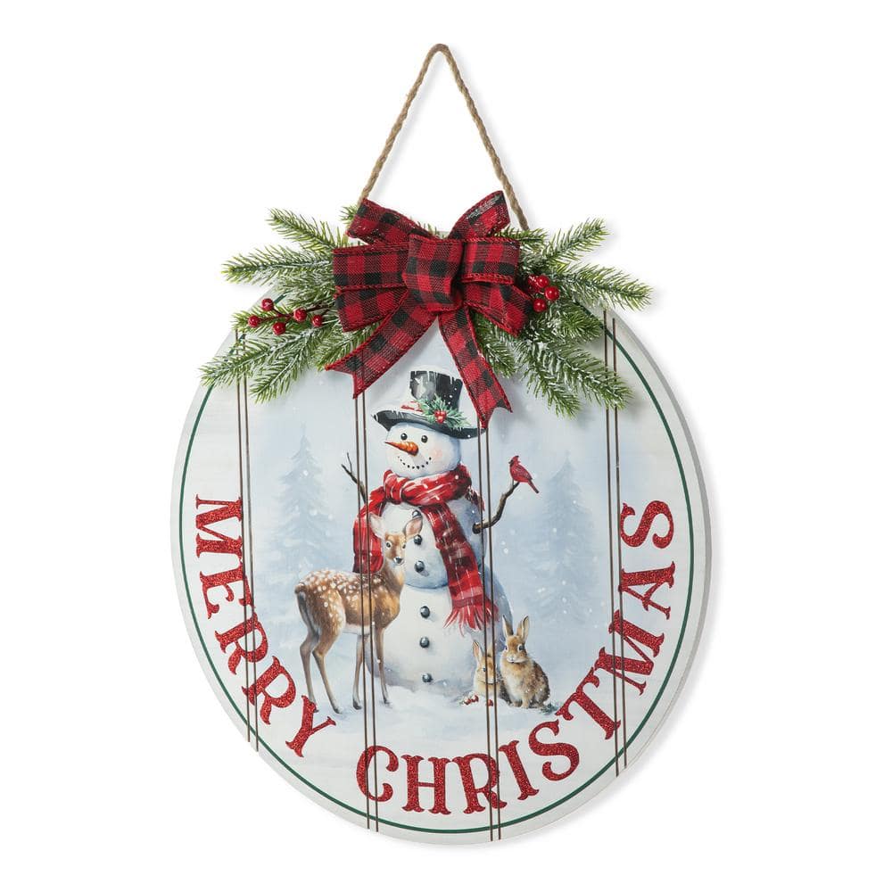 Glitzhome 15 in. H Wooden Christmas Round Word Sign Door Hanger ...