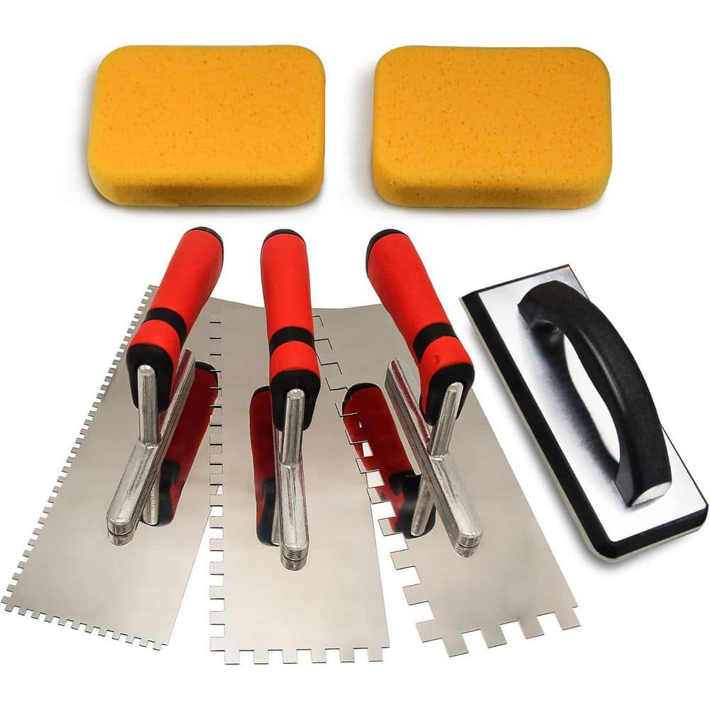 11 in. x 4 in. Stainless Steel Square Notch Trowel Set with Rubber ...