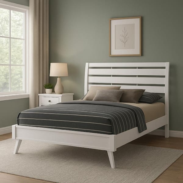 Benjara Siam Classic White Wood Frame Queen Panel Bed with Slatted Panel Headboard BM309643 ...
