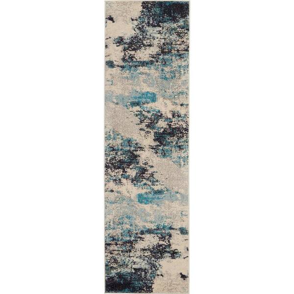 Nourison Celestial Ivory/Teal Blue 2 ft. x 8 ft. Abstract Modern ...