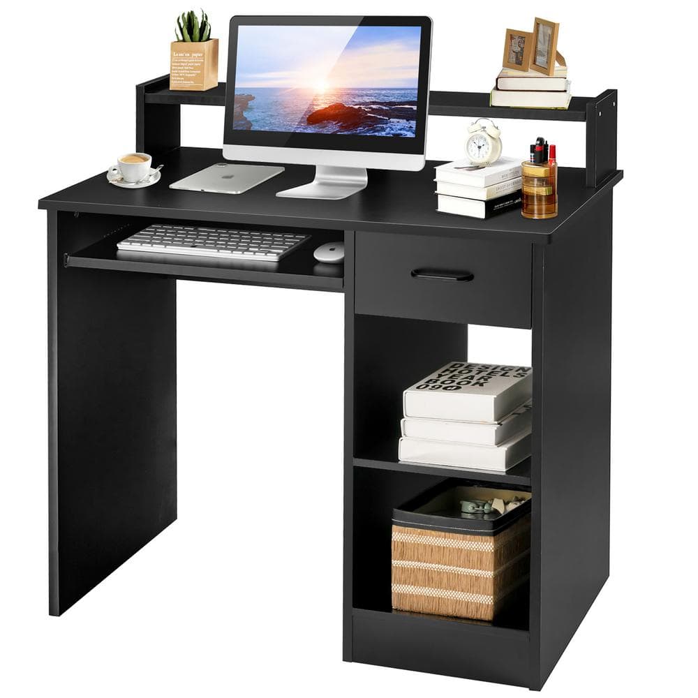 Costway 35.5 in. W Rectangular Black MDF One-Drawer Computer Desk with ...