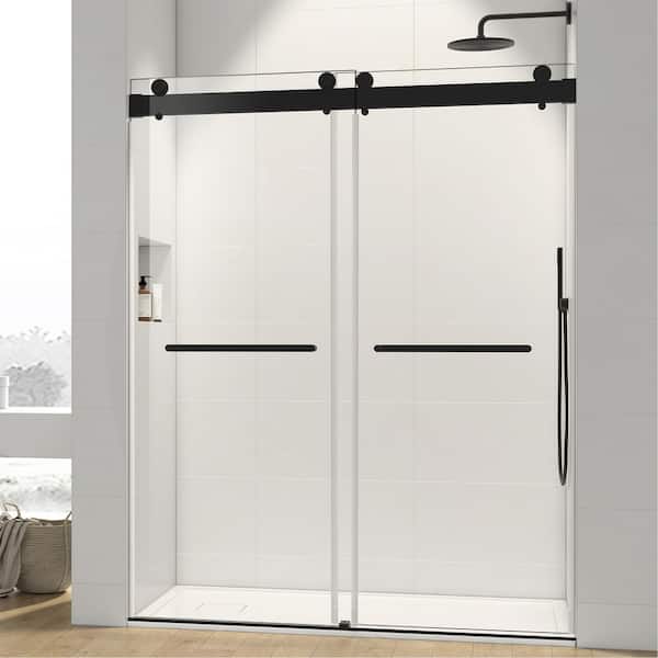 56-60 in. W x 76 in. H Double Sliding Frameless Shower Door in Matte Black with Clear Glass Soft ...