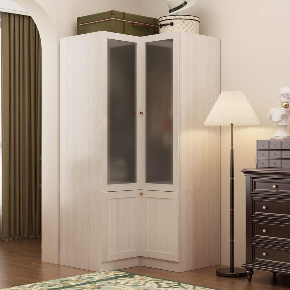 FUFU&GAGA Light Wood Finish Wood 16.3 in. Bedroom Armoire with Frosted Tempered Glass Doors and ...
