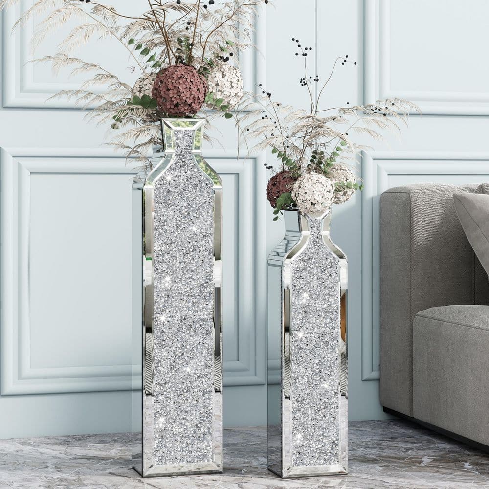 shyfoy Crushed Diamond 30 in. Silver Glass Amphora Decorative Vases SF ...