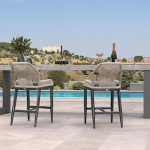 PURPLE LEAF Modern Aluminum Woven Rattan Bar Height Outdoor Bar Stool Chairs with Back, Light ...