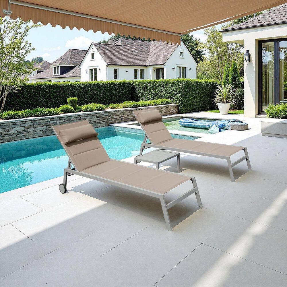 Khaki 3-Piece Aluminum Adjustable Outdoor Chaise Lounge Chair with Side ...