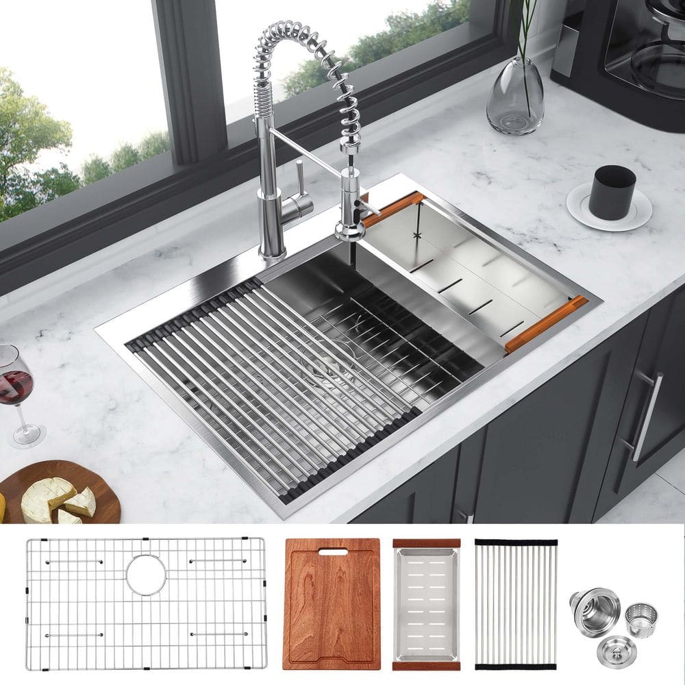 MEDUNJESS Lindra 30 in. L x 22 in. W Drop in/Undermount Single Bowl Stainless Steel Kitchen Sink ...