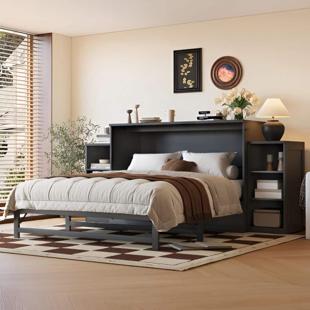 Noble House Cub Dark Gray Wood Frame Folding Queen Size Murphy Bed with ...