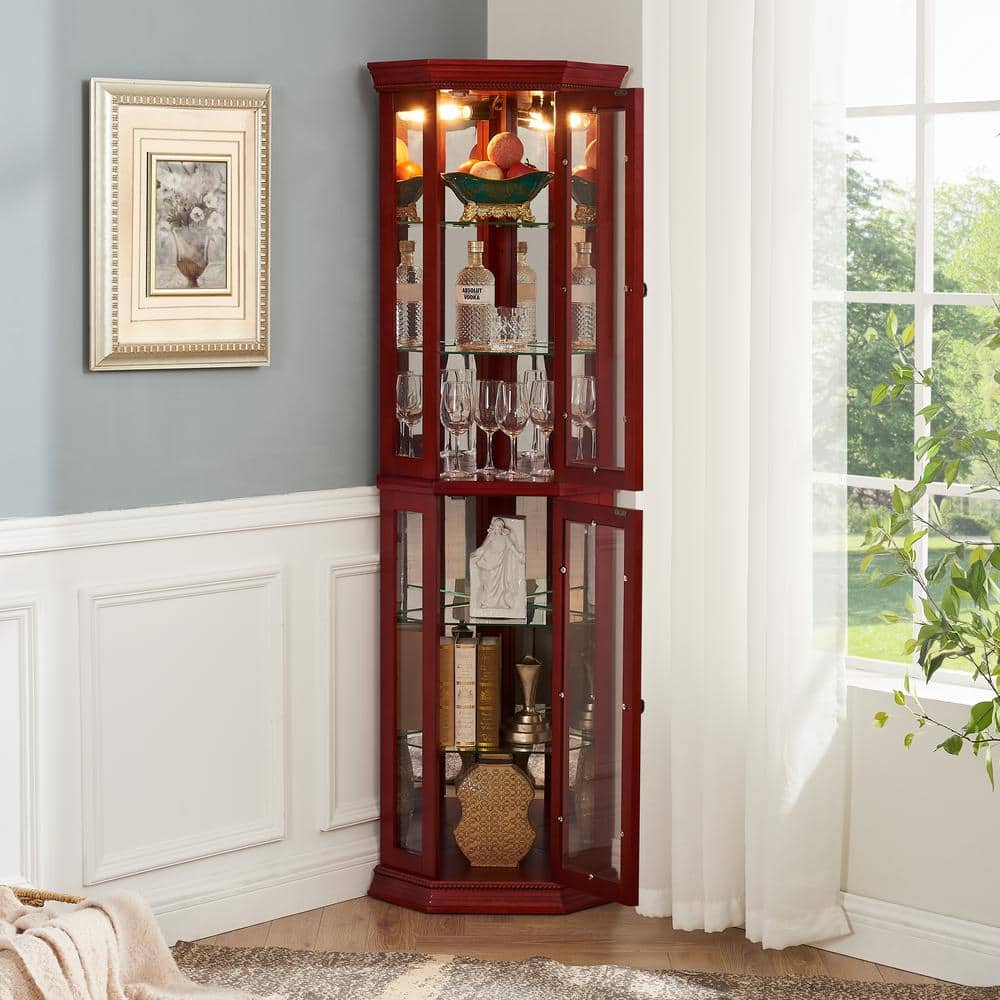 16-Bottle Cherry Corner Curio Cabinet Lighted Corner Display, Glass ...