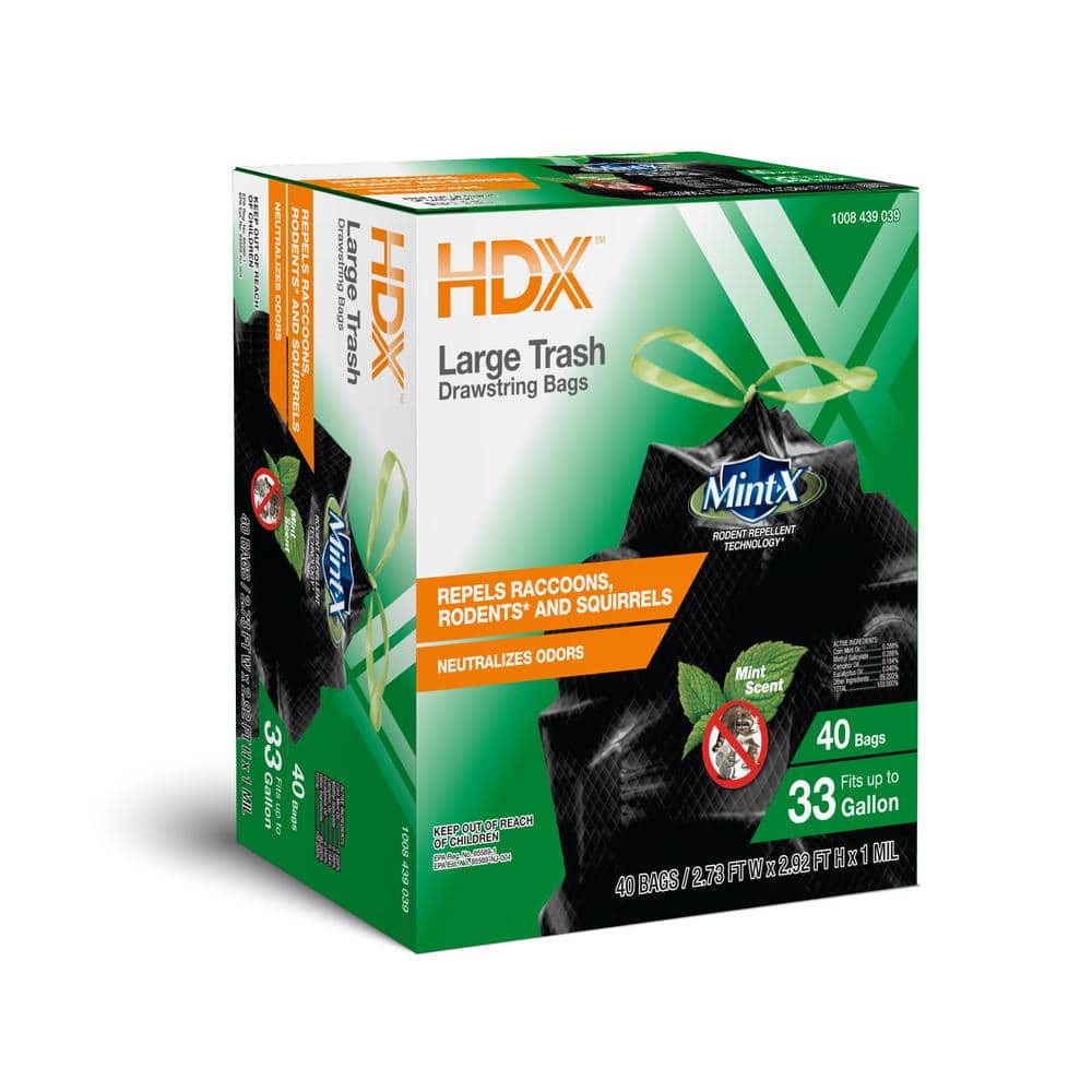 HDX 33 Gal. Black Rodent-Repellent Draw String Large Trash Bag (50 ...