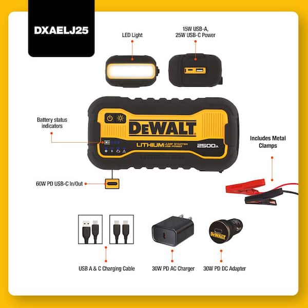 DEWALT 2500 Peak Amp Lithium Jump Starter with USB Power Bank DXAELJ25 ...