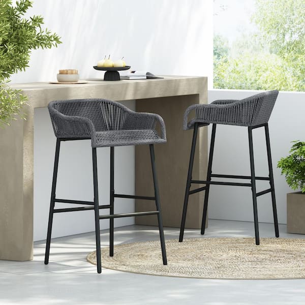 2-Piece Black Metal UV Resistant Outdoor Bar Stool with Dark Gray Weave ...