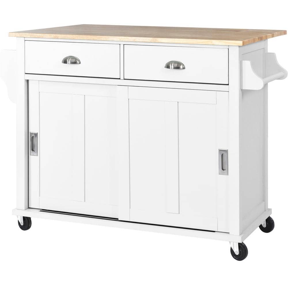 FUNKOL White MDF Kitchen Cart with 4 Wheels, 2-Drawers and 2 Barn Doors ...