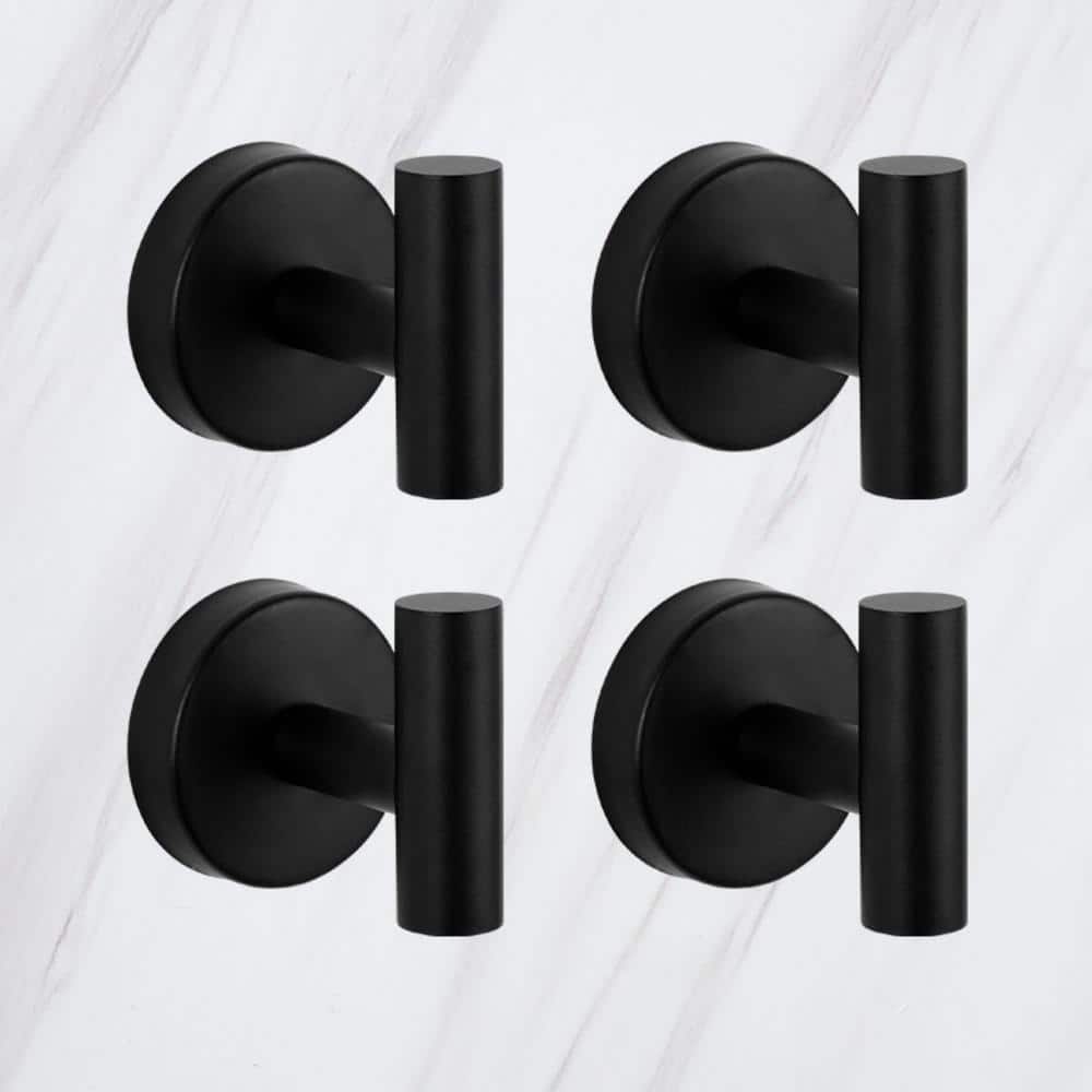 PRIMEPLUS 4-Piece Stainless Steel J-Hook Robe/Towel Hook with Round Mount Post in Matte Black HD ...