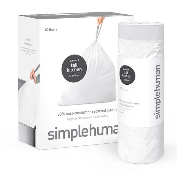 simplehuman 13 gal. Extra Strong Tall Kitchen Drawstring Trash Bags, 50 ...