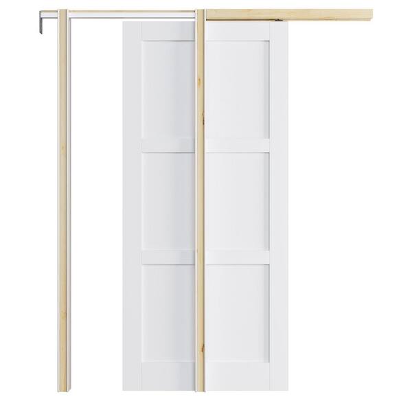 ARK DESIGN 36 in. x 80 in. 3-Paneled White Primed Wood Sliding Pocket ...