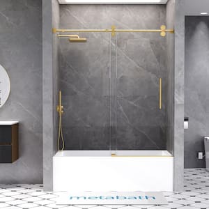 Opvande 56-60 in. W x 66 in. H Sliding Frameless Tub Door in Brushed Gold with 5/16 in. (8 mm ...