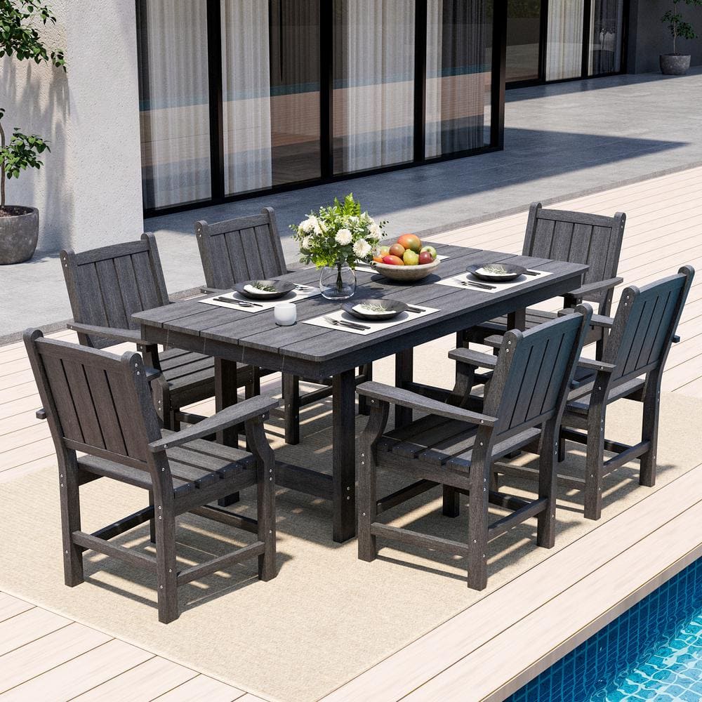 PamaPic Gray 7-Piece HDPE Plastic Patio Outdoor Dining Set with Arm ...