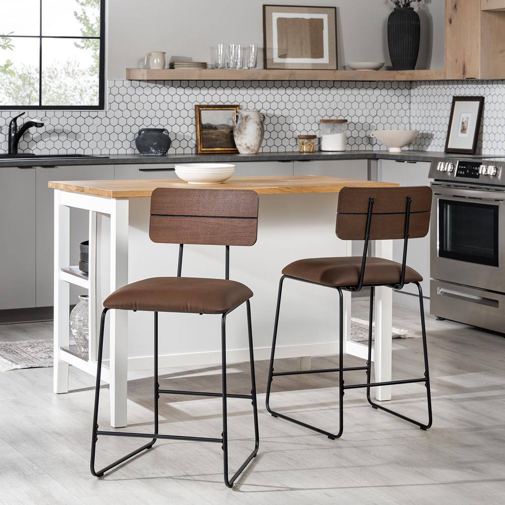 Welwick Designs 25 in. Brown High Back Modern Industrial Metal Leg Cushioned Counter Height Bar Stool with Faux Leather Seat Set of 2 HD9876 The