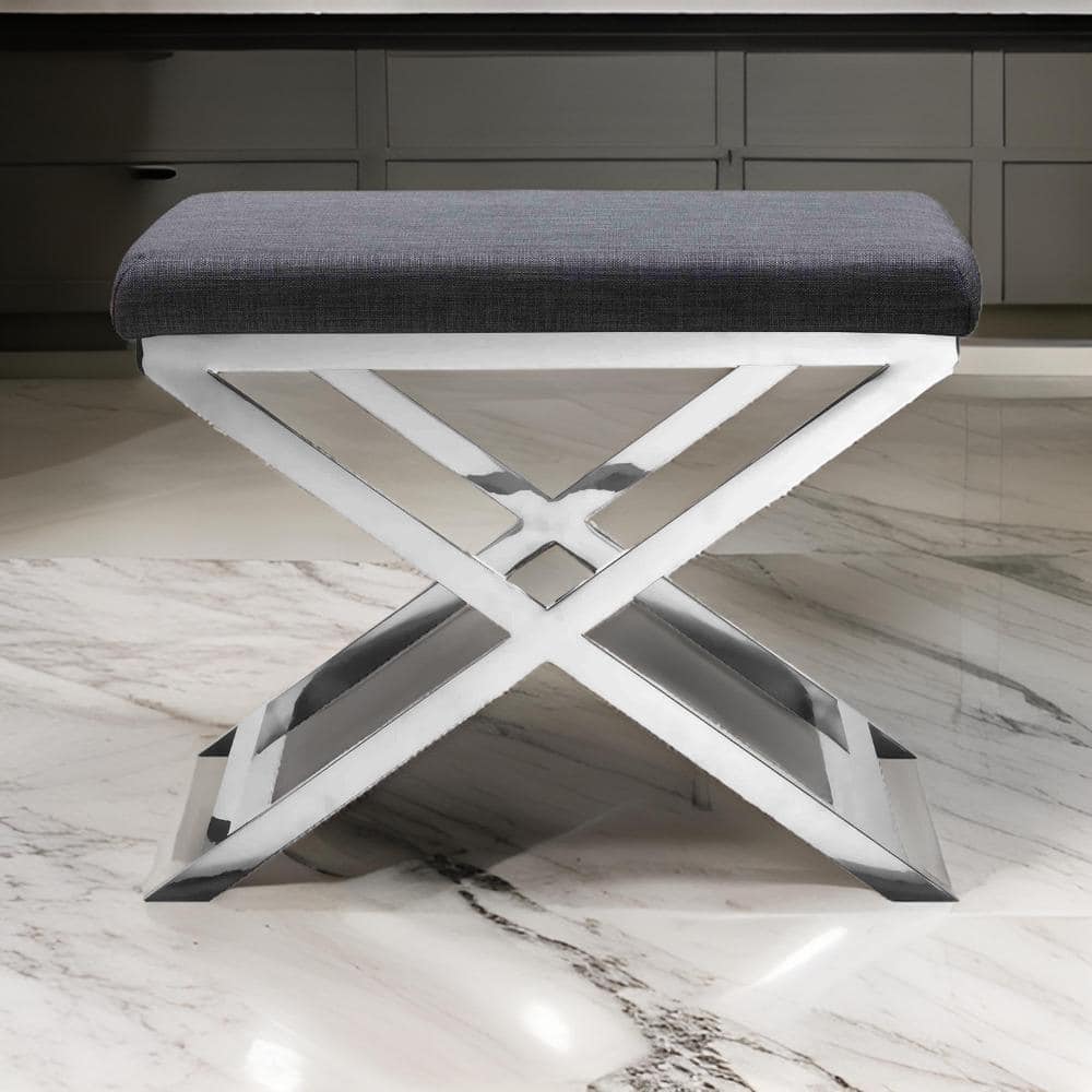 Benjara 20 in. Gray and Chrome Low Back Metal Accent Stool with Fabric ...