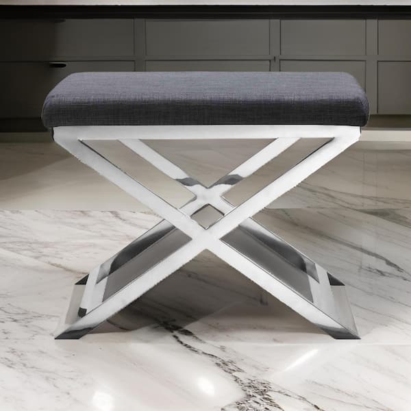 Benjara 20 in. Gray and Chrome Low Back Metal Accent Stool with Fabric ...
