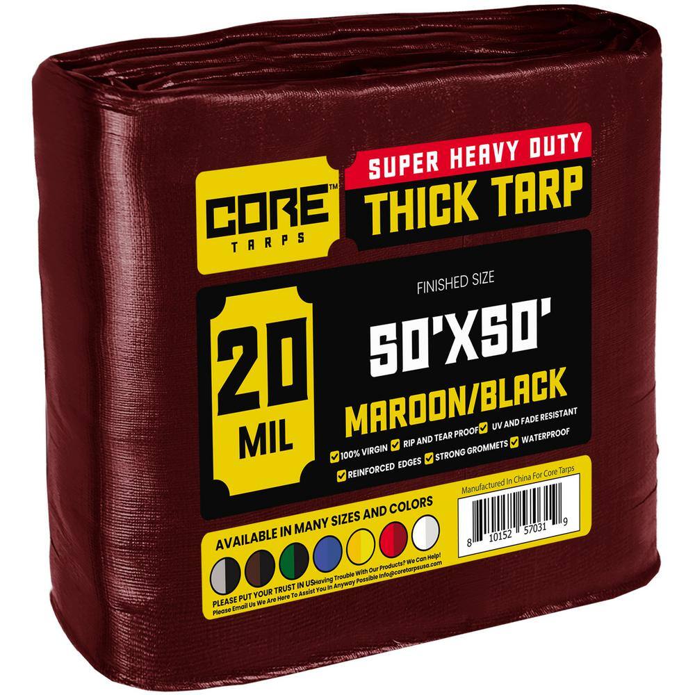 CORE TARPS 50 ft. x 50 ft. Maroon 20 Mil Heavy Duty Polyethylene Tarp, Waterproof, UV Resistant ...