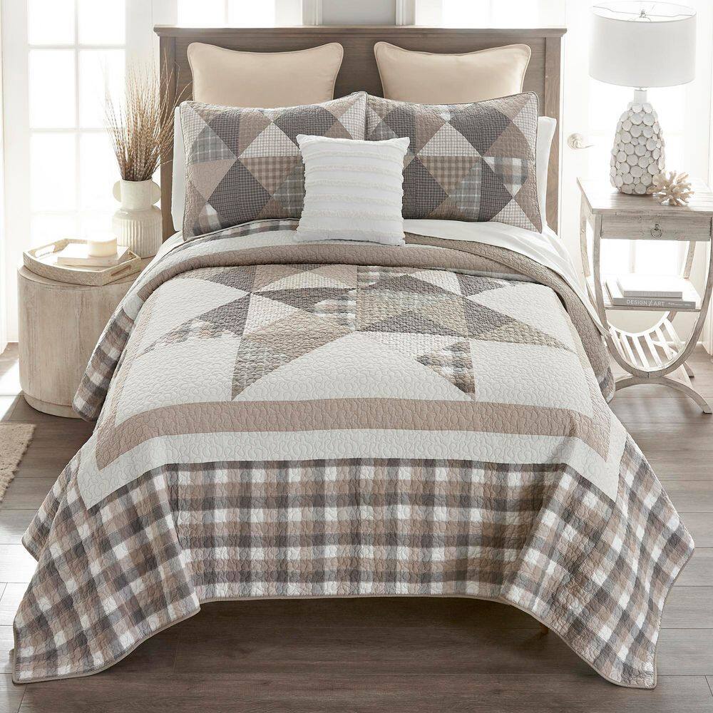 DONNA SHARP Smoky Star 3-Piece Grey and Off-White Cotton Queen Quilt ...