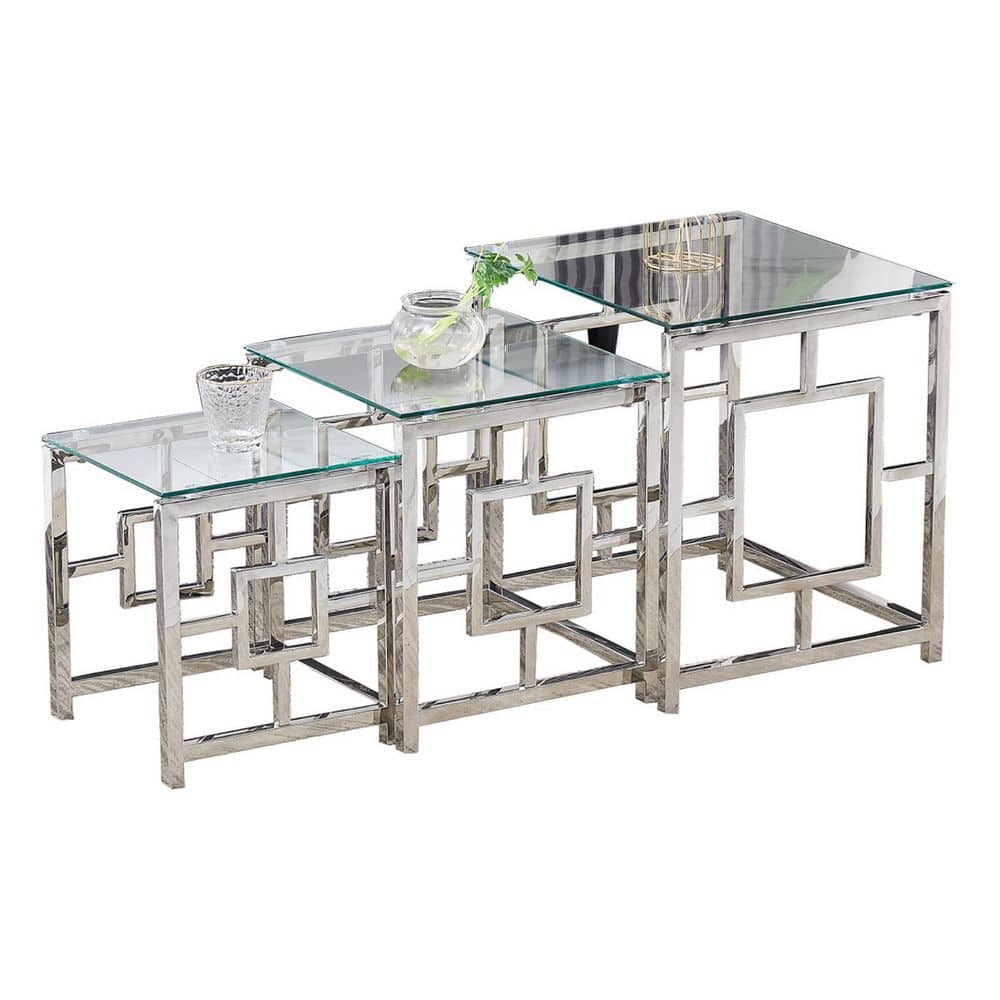 JASIWAY 18 in. Silver Square Glass Top Coffee Table with 3-Pieces J ...