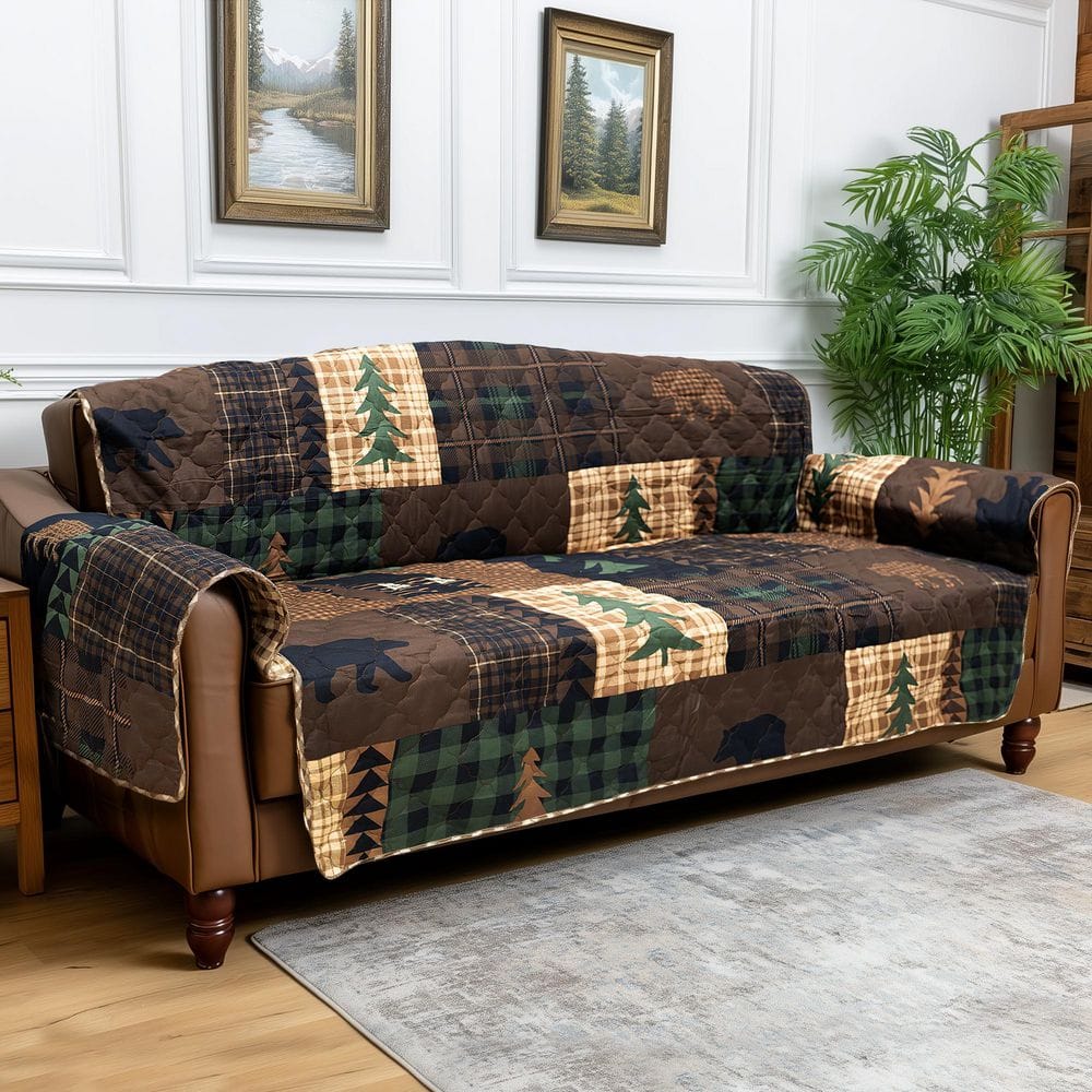 DONNA SHARP Brown Bear Cabin Tan and Green Polyester One Piece Sofa Furniture Slipcover Y20002 ...