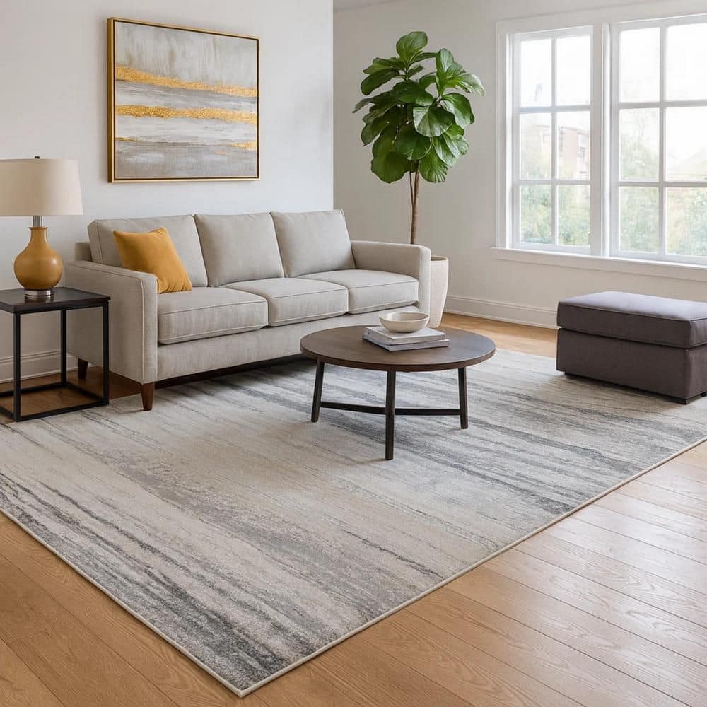 Benjara Modern Gray and Gold 8 ft. x 10 ft. Polypropylene Area Rug ...