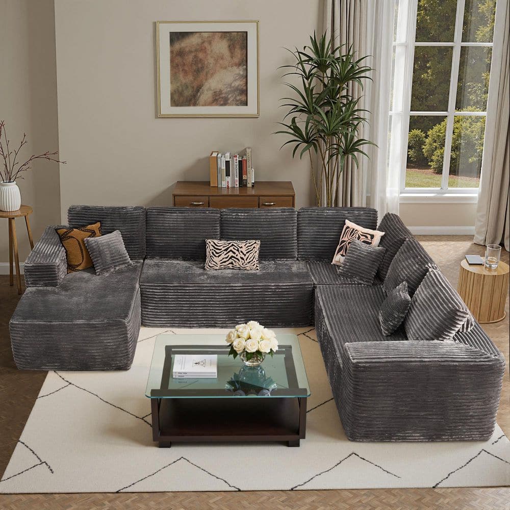 Allwex VJ 135 in. Wide Arm 4-Piece Modern Plush Corduroy U-Shape ...