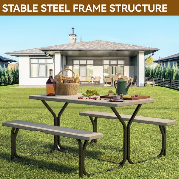 DEXTRUS 6 ft. Brown Outdoor Picnic Table Bench Set 64 in DEXTRUS 6 ft. Brown Outdoor Picnic Table Bench Set 64 in