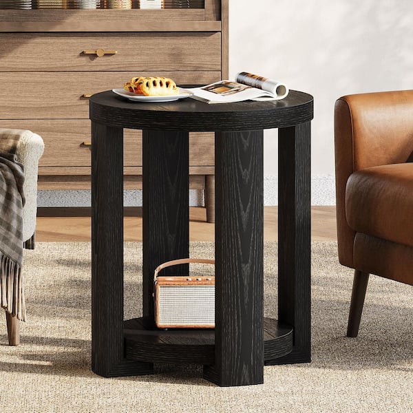 BYBLIGHT Kerlin 19.7 in. Black Round MDF Side Table with Shelf, End ...