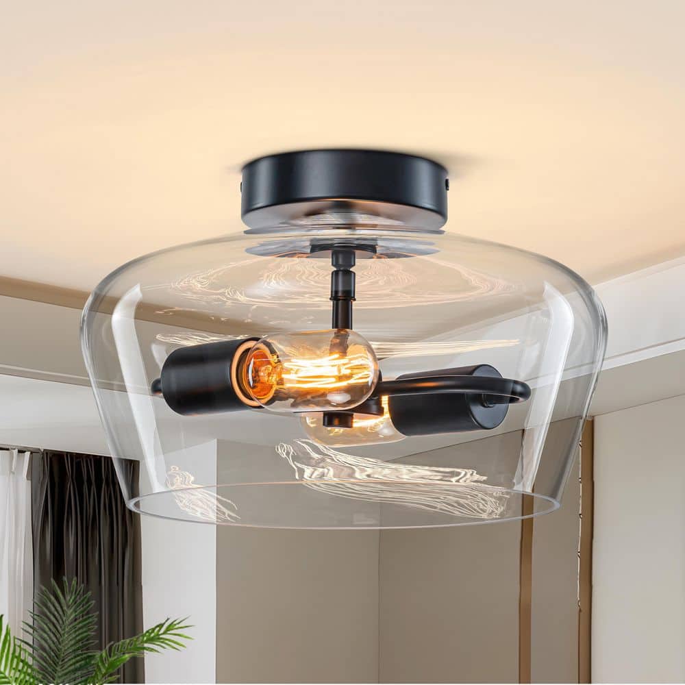 TinHon 12 in.Modern Black Semi Flush Mount Ceiling Light with Clear ...