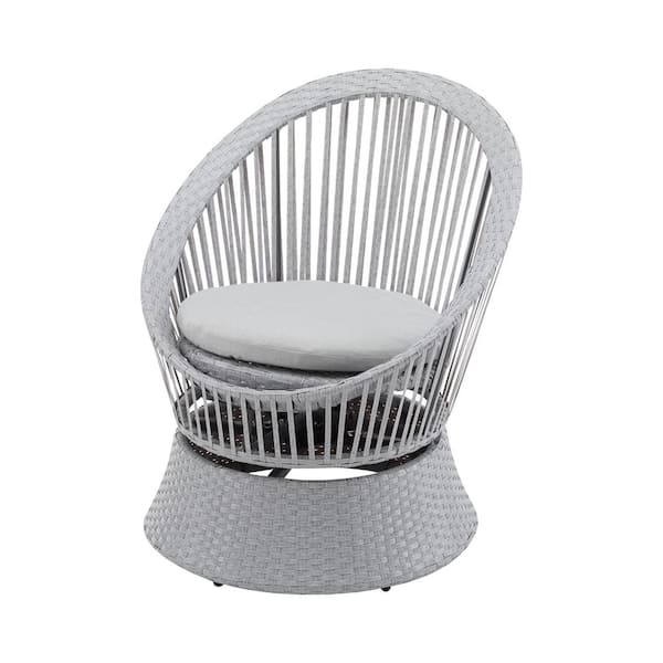 26.7 in. Modern Silver Wicker Outdoor Lounge Chair with Gray Cushions ...