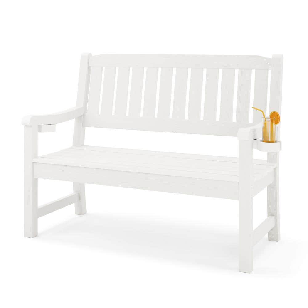 LUE BONA Lowis White 2-Person Plastic Outdoor Bench with Cup Holder All ...