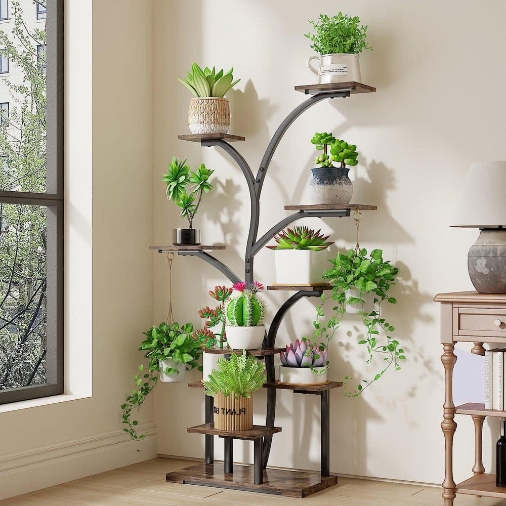VECELO Tree-Inspired Indoor Plant Shelf with LED Grow Lights, 59.84 in ...