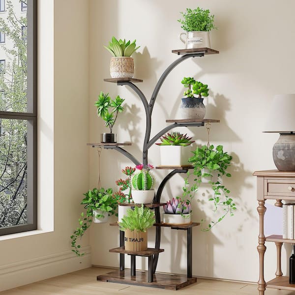 VECELO Tree-Inspired Indoor Plant Shelf with LED Grow Lights, 59.84 in ...