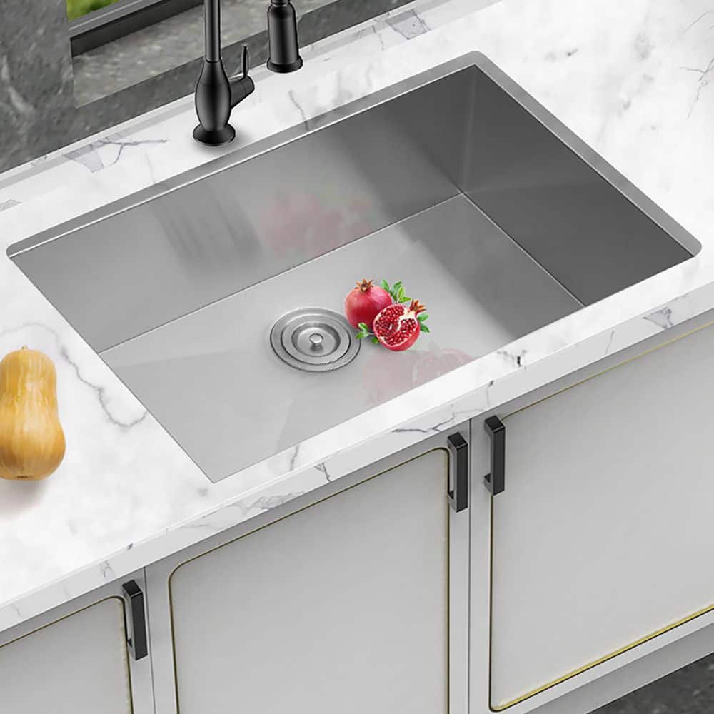 Timussi 26 in. Undermount Single Bowl 16 Gauge Brushed Nickel Stainless ...