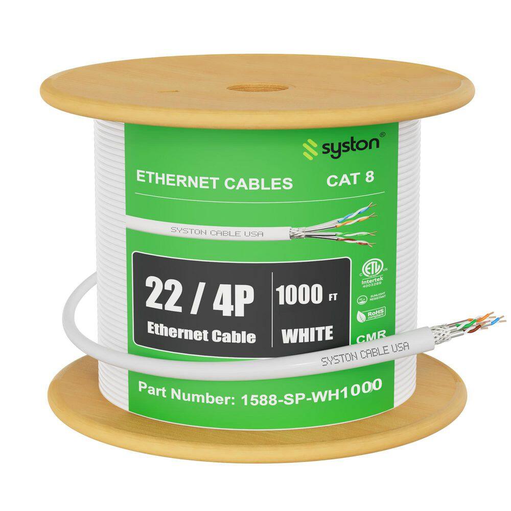 Syston Cable Technology 1000 ft. White CAT8 CMR 22 AWG Ethernet Cable Data Wire Bulk Raw ...
