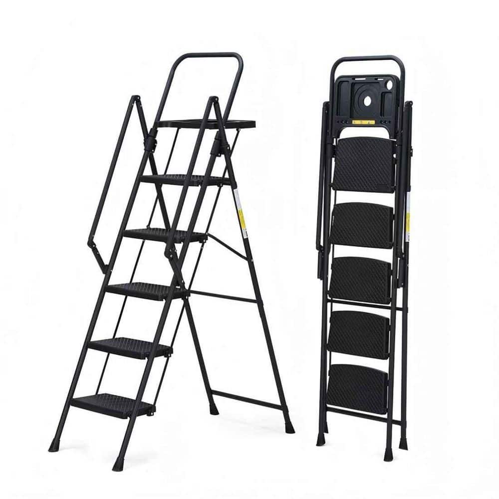 Jeedeson 5-Step Steel Folding Step Ladder (10 ft. Reach), 500 lbs. Load ...