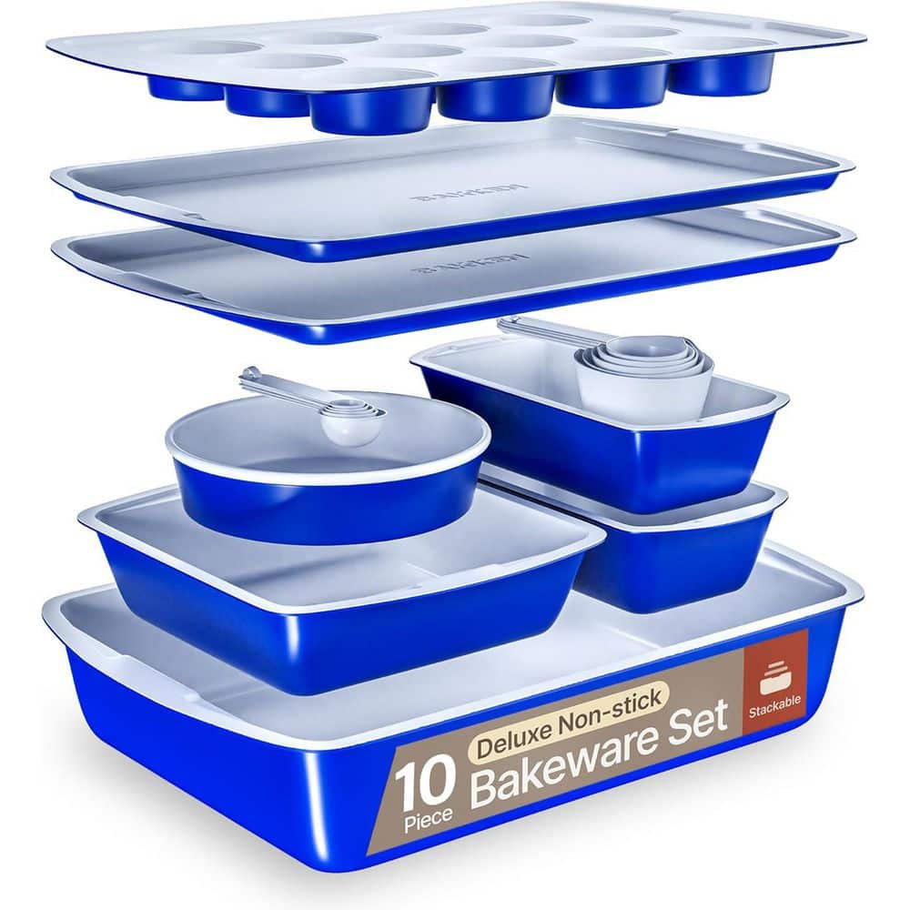 BakkenMaster Royal Blue 10-Piece Bakeware Set, Nonstick Carbon Steel Baking Sheet & Pans ...