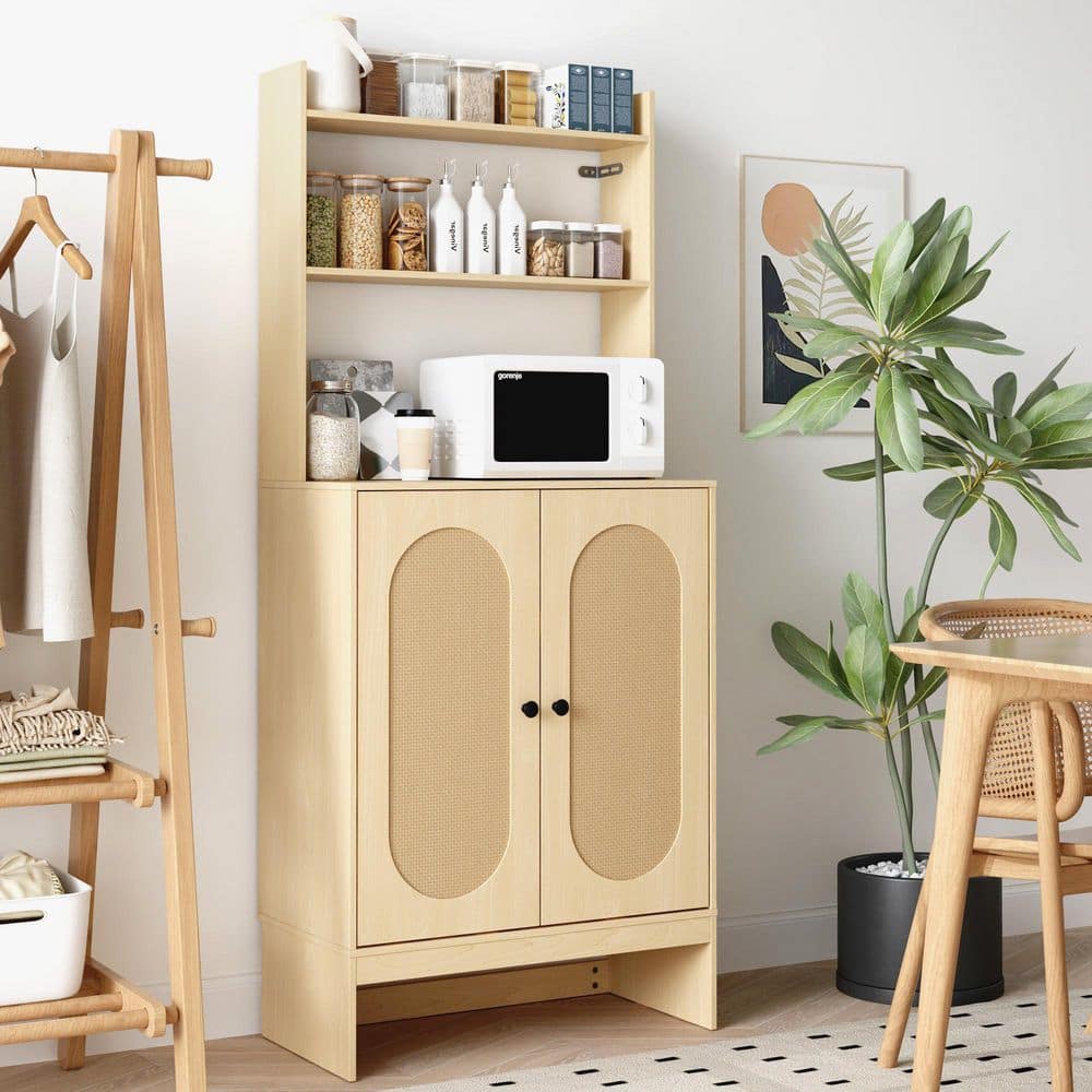 FUFU&GAGA Light Maple Wood 27.6 in. Sideboard Cabinet with Open Hutch Shelves, Rattan Panel ...