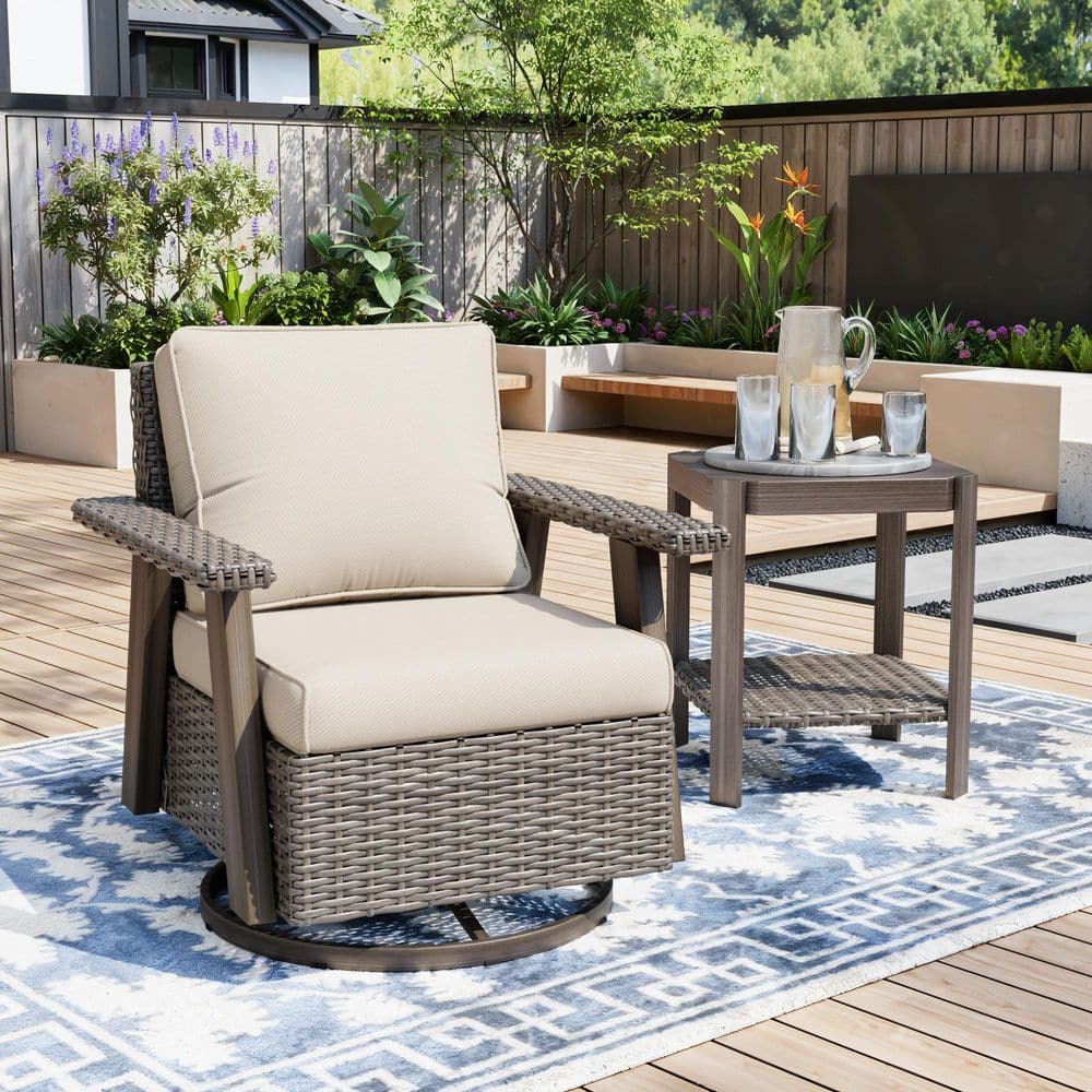 Esunny Beige Wicker Frame Outdoor Rocking Chair Patio Swivel Chair ...
